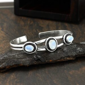 4.40 Cts Moonstone Bangle For Women Silver Overlay Handmade Vintage Boho Style Jewelry Mother's Day Gifts For Mom Wife