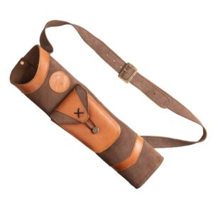 bear archery superlite traditional shoulder back leather arrow quiver with large pouch, brown, one size (at100bq)