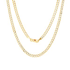 nuragold 14k yellow gold solid 4mm cuban chain curb link diamond cut pave two tone pendant necklace, mens womens jewelry 16" 18" 20" 22" 24" 26" 28" 30"