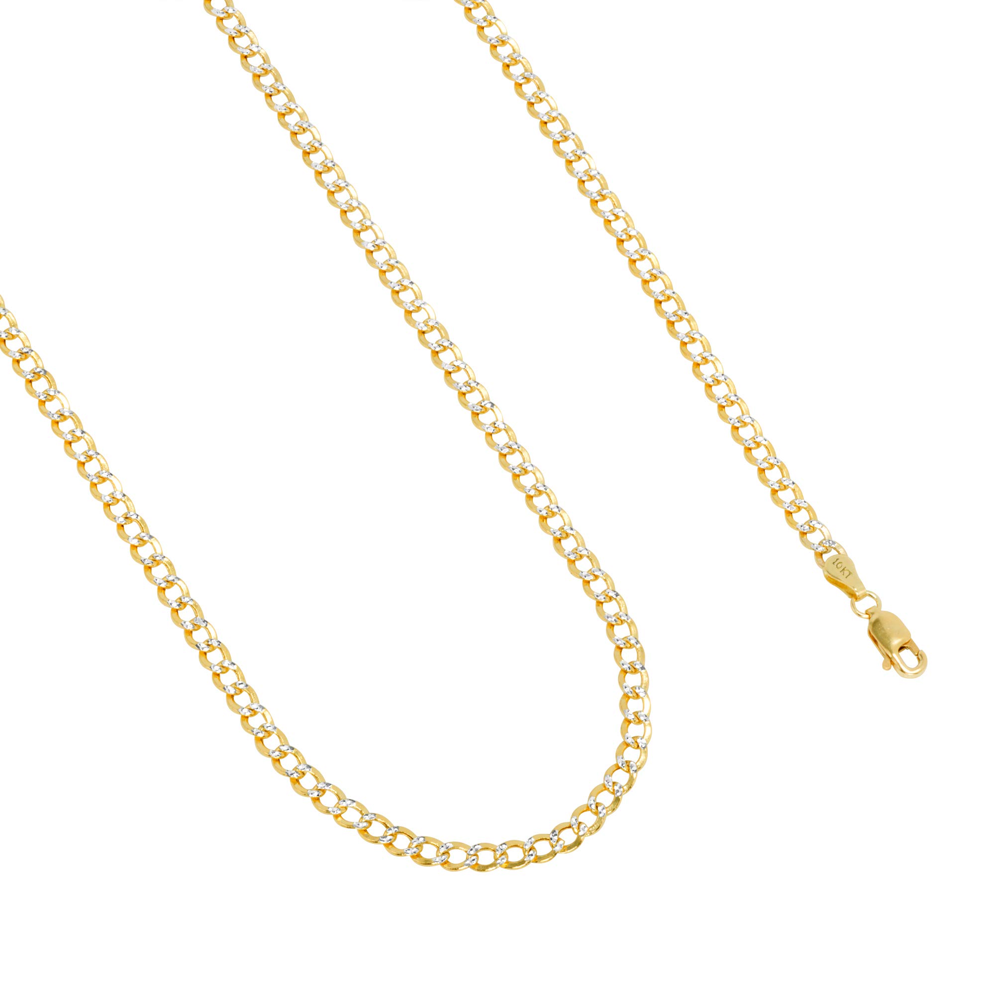 Nuragold 10k Yellow Gold 3.5mm Cuban Chain Curb Link Diamond Cut Pave Two Tone Pendant Necklace, Mens Womens Jewelry 16" 18" 20" 22" 24" 26" 28" 30"