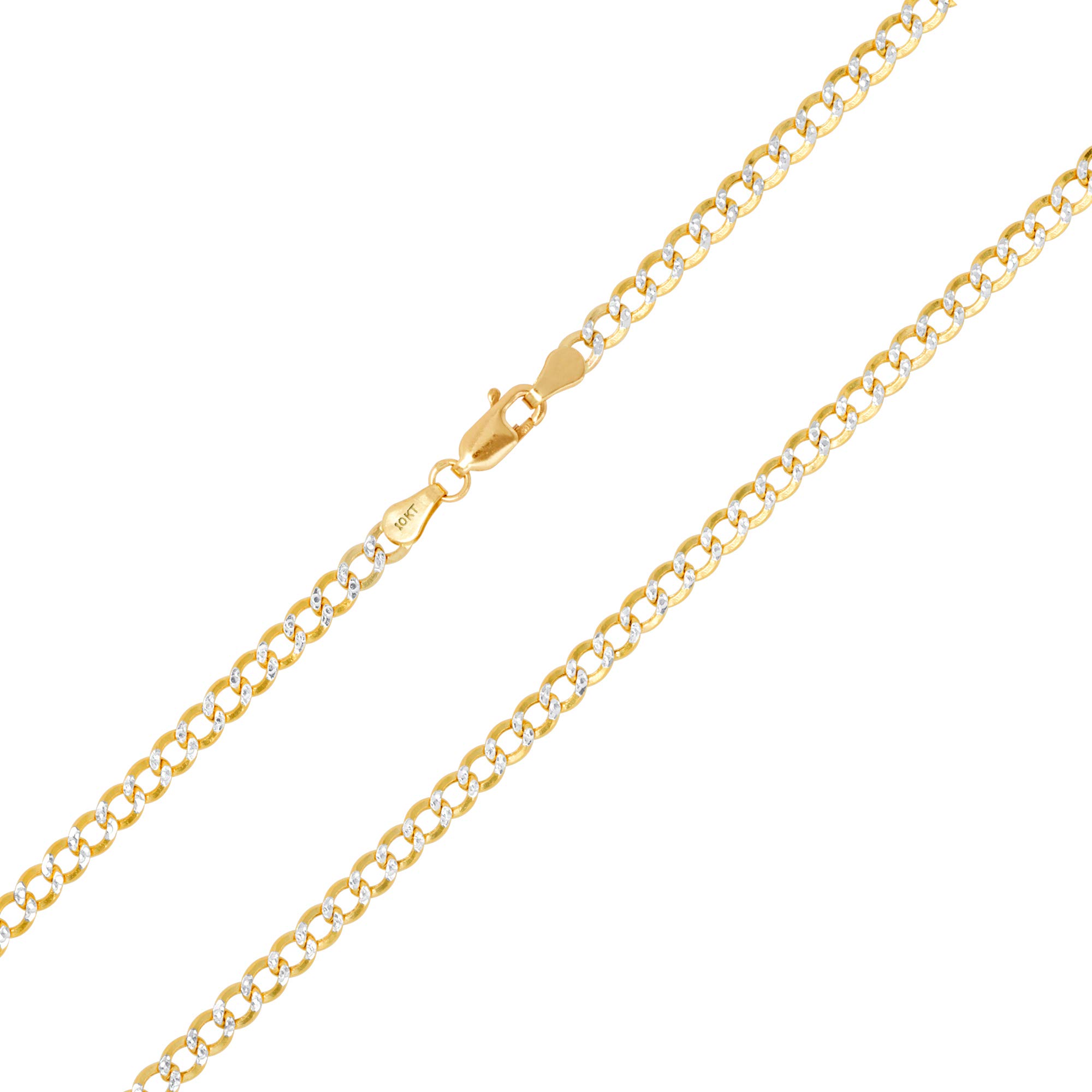 Nuragold 10k Yellow Gold 3.5mm Cuban Chain Curb Link Diamond Cut Pave Two Tone Pendant Necklace, Mens Womens Jewelry 16" 18" 20" 22" 24" 26" 28" 30"