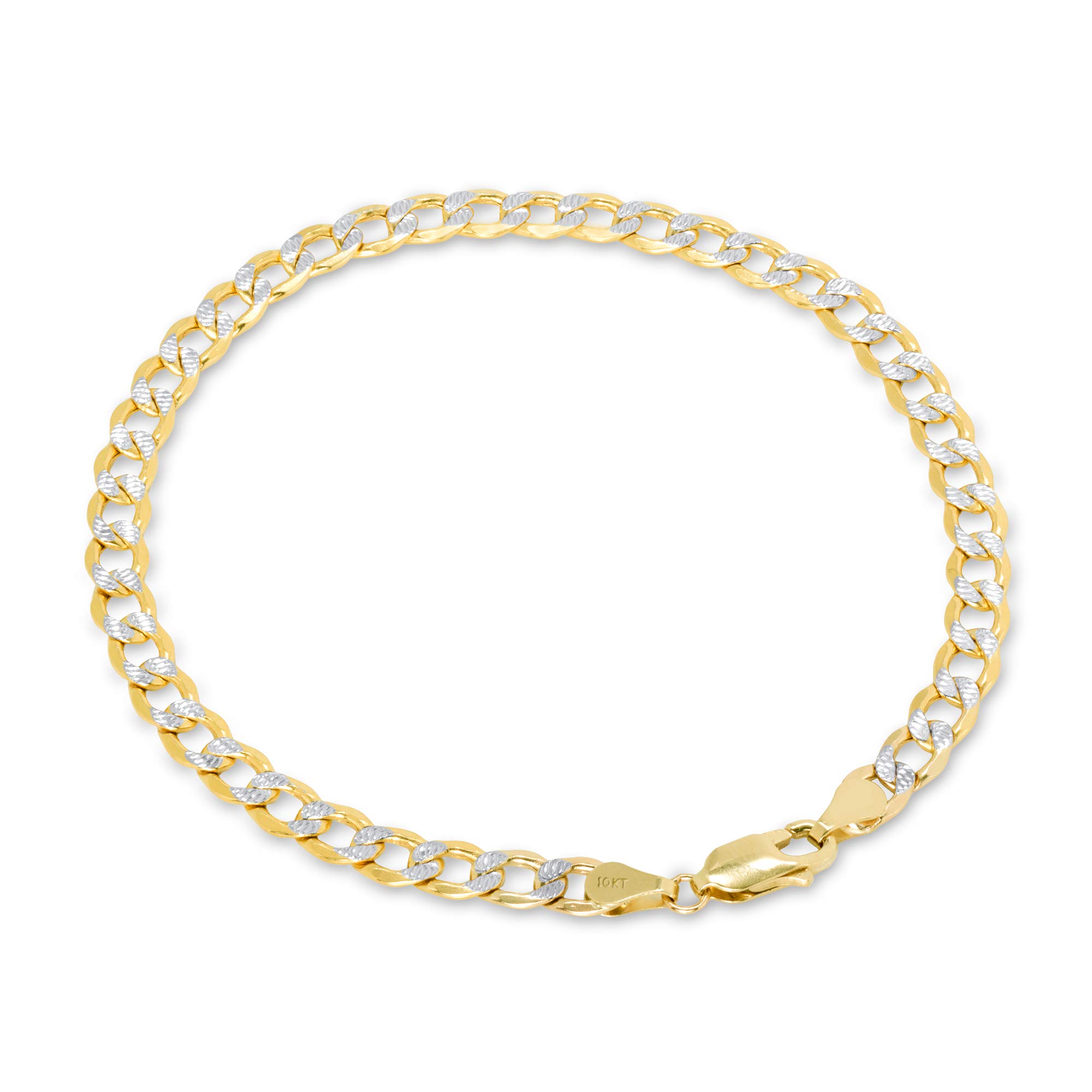 Nuragold 10k Yellow Gold 5.5mm Cuban Chain Curb Link Diamond Cut Pave Two Tone Bracelet, Mens Womens Jewelry 7" 7.5" 8" 8.5" 9"