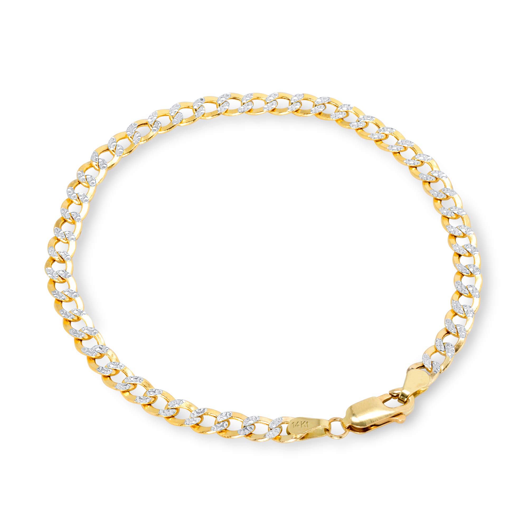 Nuragold 14k Yellow Gold 4.5mm Cuban Chain Curb Link Diamond Cut Pave Two Tone Bracelet, Mens Womens Jewelry 7" 7.5" 8" 8.5" 9"