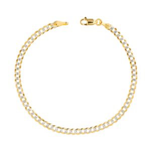 nuragold 10k yellow gold solid 4mm cuban chain curb link diamond cut pave two tone bracelet, womens mens jewelry 7" 7.5" 8" 8.5" 9"