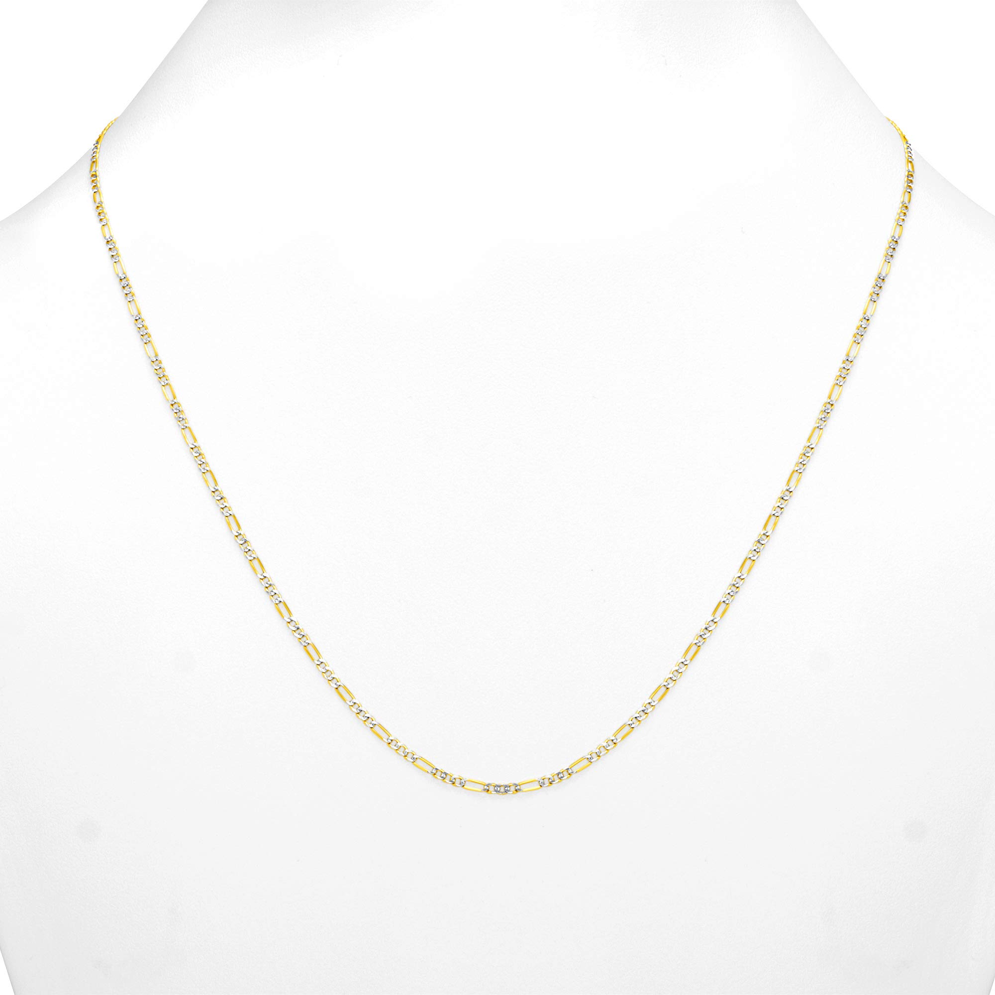 Nuragold 10k Yellow Gold 2mm Figaro Chain Link Diamond Cut Pave Two Tone Pendant Necklace, Womens Mens Jewelry 16" 18" 20" 22" 24"