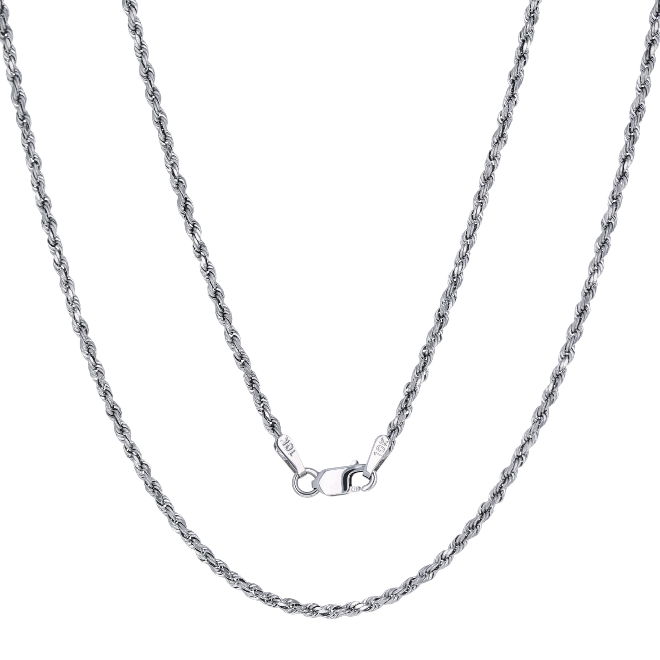 Nuragold 10k White Gold 1.8mm Rope Chain Diamond Cut Pendant Necklace, Womens Mens Jewelry 14" 16" 18" 20" 22" 24" 26" 28" 30"