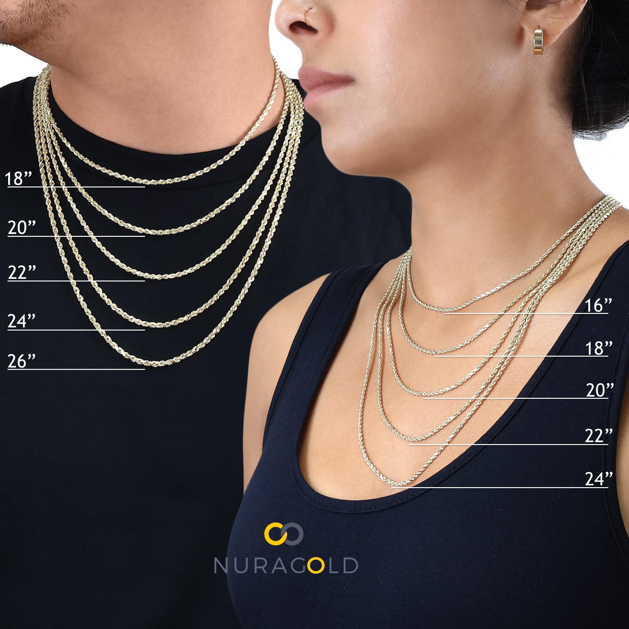 Nuragold 10k Yellow Gold 5mm Rope Chain Diamond Cut Necklace, Mens Womens Jewelry 16" 18" 20" 22" 24" 26" 28" 30"