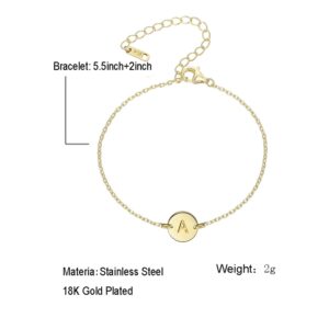 18K Gold Plated Stainless Steel Initial Bracelet Personalized Letter J Charm Bracelet Small Dainty Disc Monogram Name Bracelet for Women