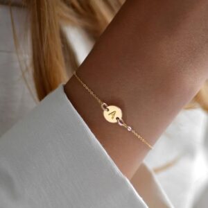 18K Gold Plated Stainless Steel Initial Bracelet Personalized Letter J Charm Bracelet Small Dainty Disc Monogram Name Bracelet for Women