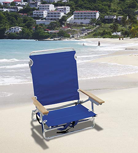 Rio Brands 5 Position Classic Lay Flat Beach Chair with Backpack Straps, Polyester, Blue, 8.5"