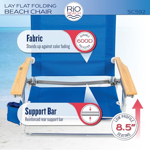 Rio Brands 5 Position Classic Lay Flat Beach Chair with Backpack Straps, Polyester, Blue, 8.5"