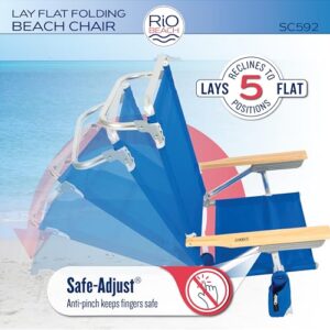 Rio Brands 5 Position Classic Lay Flat Beach Chair with Backpack Straps, Polyester, Blue, 8.5"