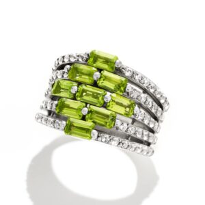 Ross-Simons 3.40 ct. t.w. Peridot and .60 ct. t.w. White Topaz Multi-Row Ring in Sterling Silver. Size 6