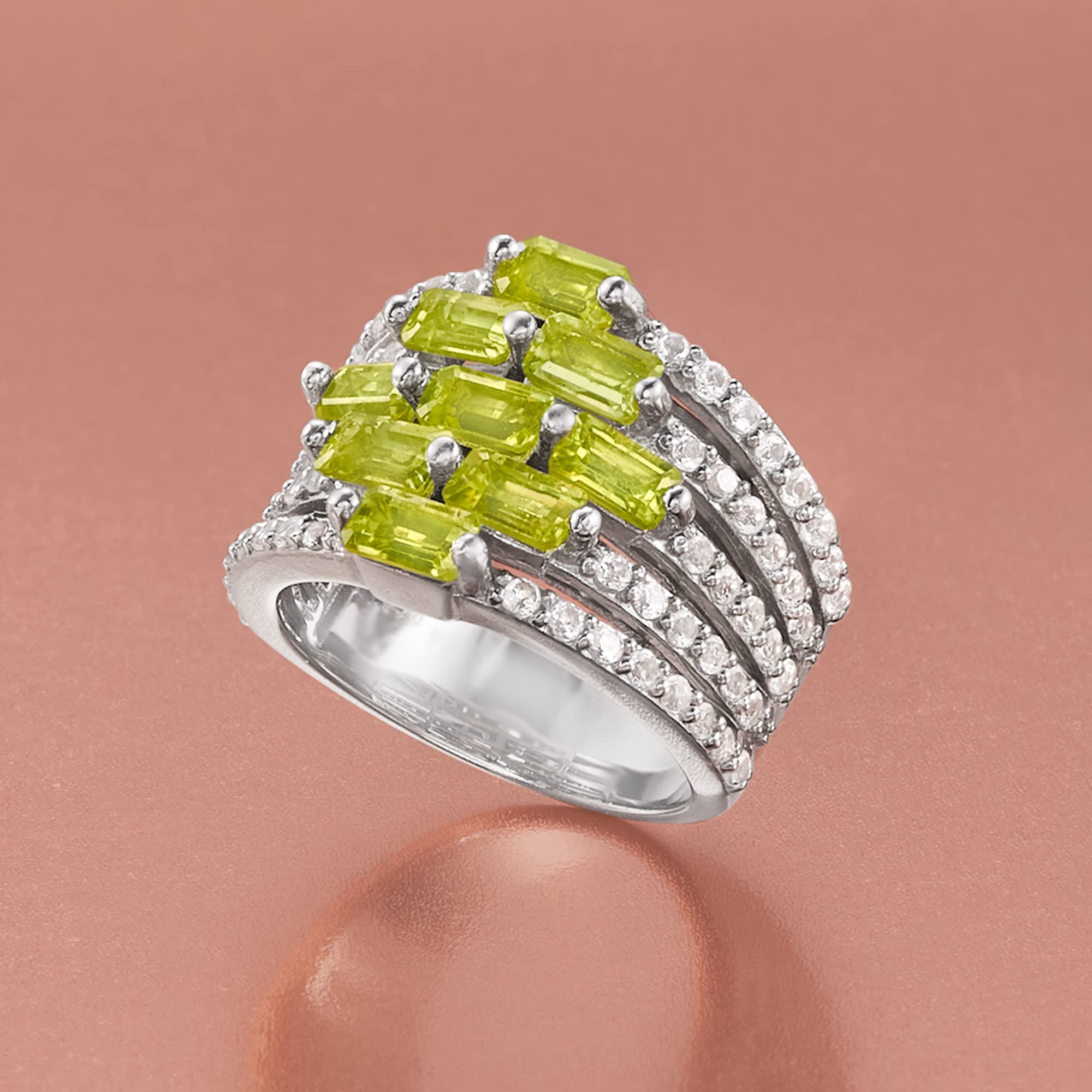 Ross-Simons 3.40 ct. t.w. Peridot and .60 ct. t.w. White Topaz Multi-Row Ring in Sterling Silver. Size 6