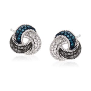 ross-simons 0.25 ct. t.w. blue, black and white diamond love knot earrings in sterling silver