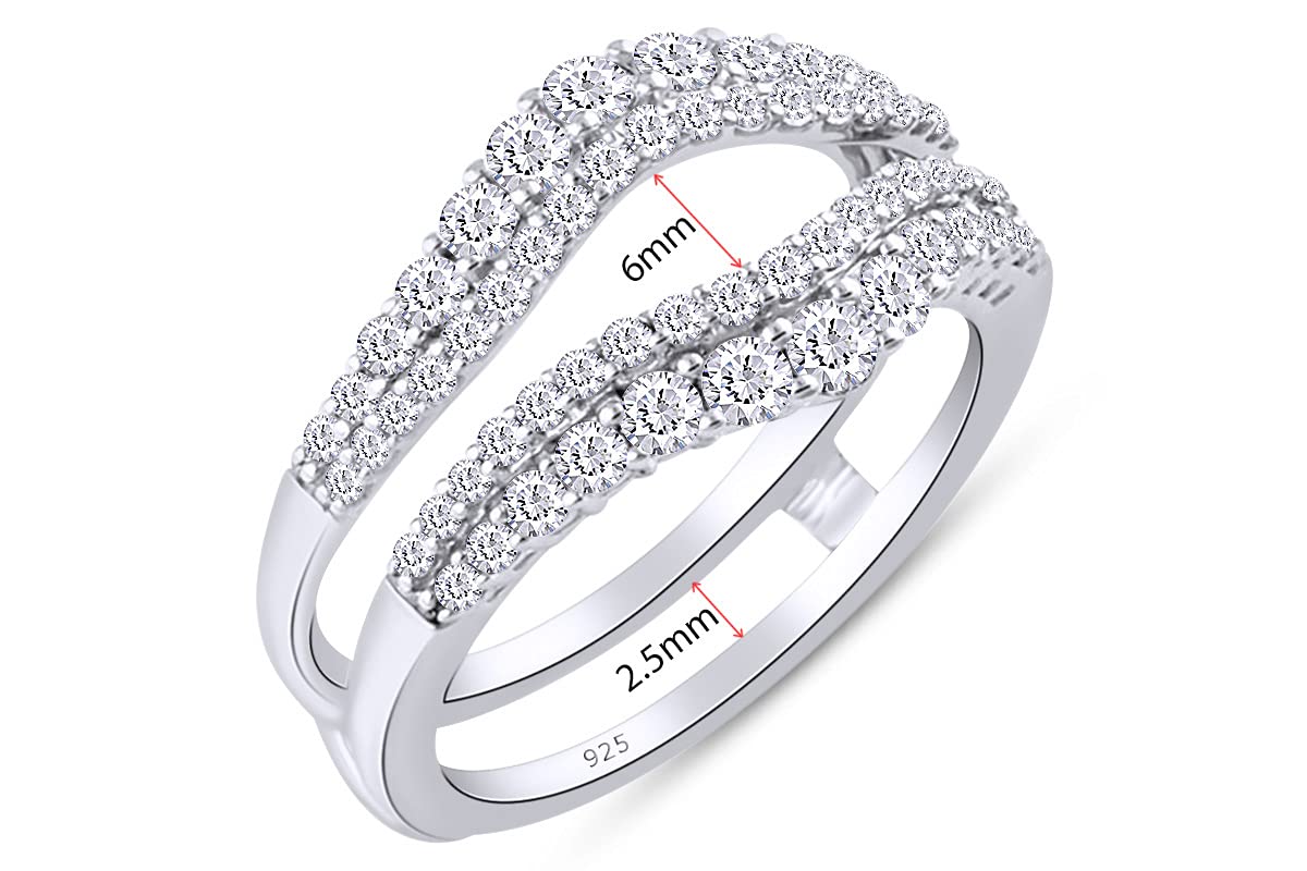 AFFY 1 Ct. Round Double Row Pave Set Curved Enhancer Guard Bridal Wedding Engagement Ring In 14K White Gold Over Sterling Silver With Cubic Zirconia, Gift For Her Ring Size -8