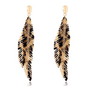 nvenf feather tassel dangle earrings for women bohemian faux leather plume gold-tone metal chain fringe statement drop earrings vintage ethnic style jewelry (leopard)