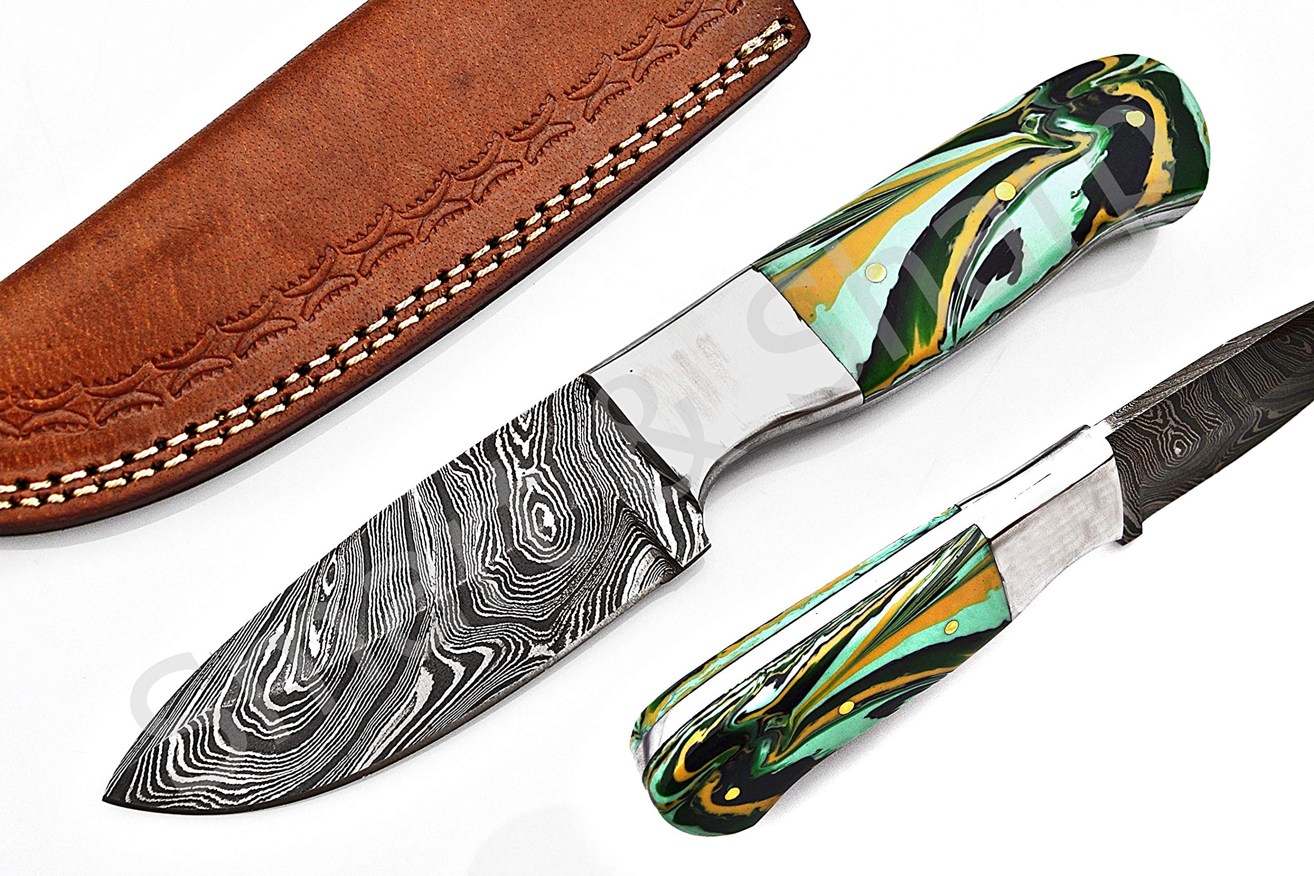 Smart & Sharp Custom Handmade Damascus Steel Hunting Knife/Skinning Knife AA-17227, 17228, 17229, 17230, 17231 and 17232 (Olive, Yellow and Sky Blue Resin)