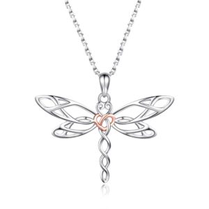 manbu sterling silver dragonfly necklace bracelet for women celtic infinity dragonfly pendant christmas jewelry gifts for dragonfly lovers (rosegold heart)