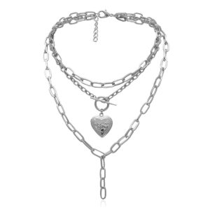 ingemark statement cool punk chunky chain toggle necklace for women heart shaped photo locket pendant layered heart locket necklace (style 3 silver)