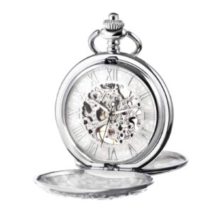 treeweto men's mechanical skeleton pocket watch for mens women roman numerals dial silver tone double case pocket watches