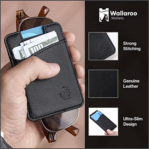 Wallaroo Wallets Slim Leather Card Holder Wallet - Black, Minimalist, Thin, Front Pocket, Genuine Leather Credit Card Holder for Easy Work and Travel