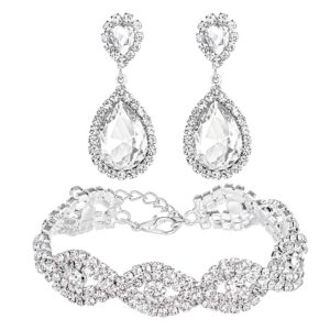 miraculous garden 2 pack silver plated crystal rhinestone teardrop drop dangle earrings link bracelet jewelry set for women