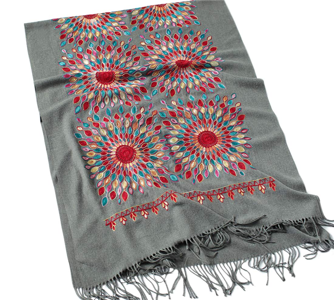 Urban CoCo Women's Embroidered Oversize Tassel Shawl Scarf Wraps for Women (Gray)