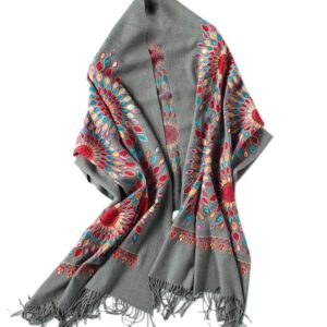 Urban CoCo Women's Embroidered Oversize Tassel Shawl Scarf Wraps for Women (Gray)