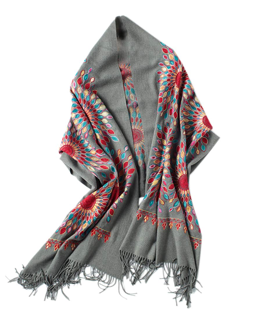 Urban CoCo Women's Embroidered Oversize Tassel Shawl Scarf Wraps for Women (Gray)