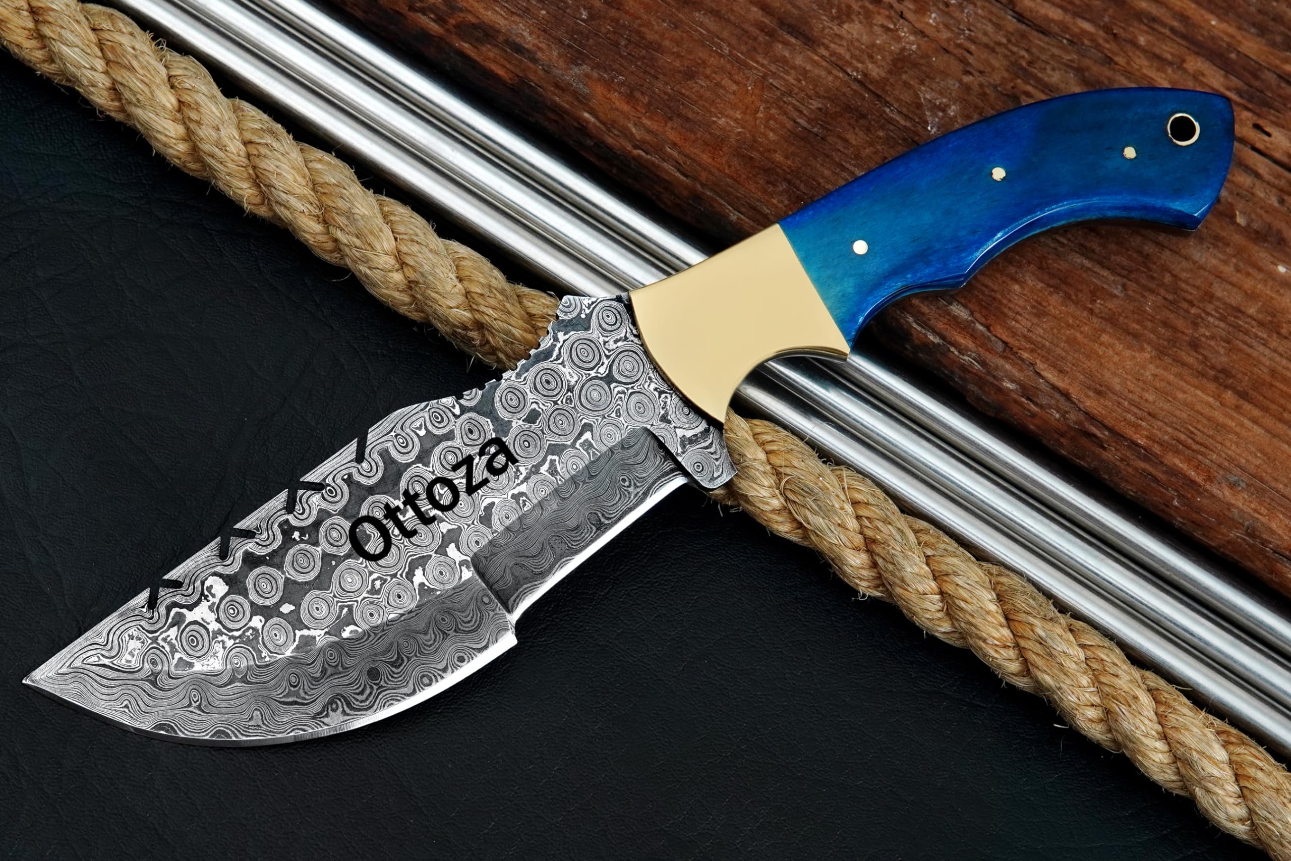 Ottoza Tracker Knife & Bone Handle - Damascus Hunting Knife - Horizontal Carry Knife Sheath 198