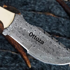 Ottoza Tracker Knife & Bone Handle - Damascus Hunting Knife - Horizontal Carry Knife Sheath 198