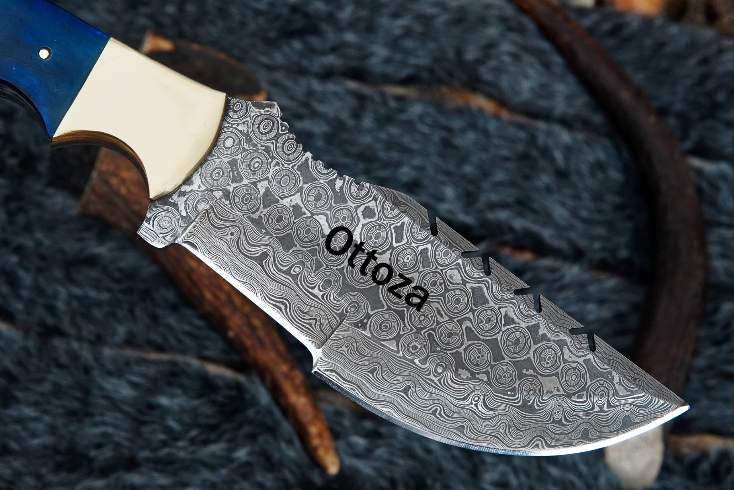 Ottoza Tracker Knife & Bone Handle - Damascus Hunting Knife - Horizontal Carry Knife Sheath 198