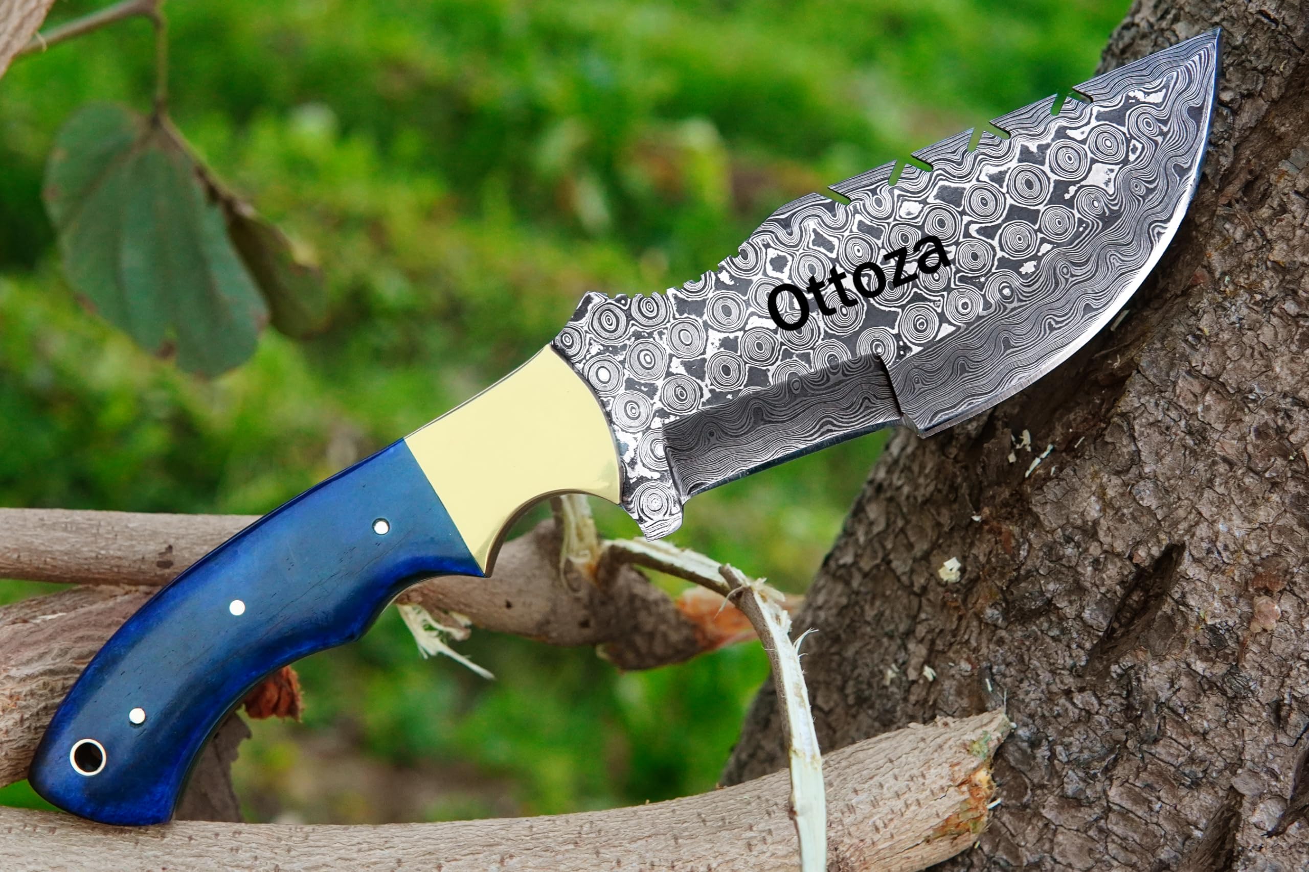 Ottoza Tracker Knife & Bone Handle - Damascus Hunting Knife - Horizontal Carry Knife Sheath 198