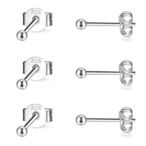 sterling silver stud earrings for women men- 3 pairs of 2mm tiny round ball stud earrings set cartilage small tragus earrings nose lip rings, silver