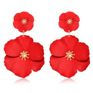 cealxheny flower dangle earrings boho layered floral petal drop earrings statement stud earring for women (a-red)