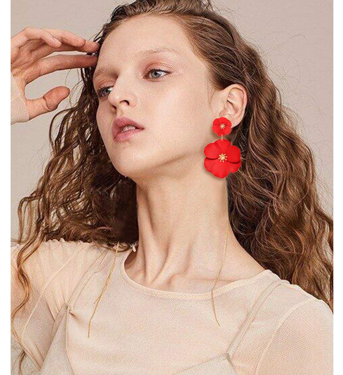 CEALXHENY Flower Dangle Earrings Boho Layered Floral Petal Drop Earrings Statement Stud Earring for Women (A-Red)