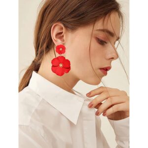 CEALXHENY Flower Dangle Earrings Boho Layered Floral Petal Drop Earrings Statement Stud Earring for Women (A-Red)