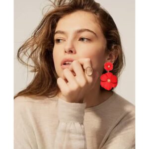 CEALXHENY Flower Dangle Earrings Boho Layered Floral Petal Drop Earrings Statement Stud Earring for Women (A-Red)