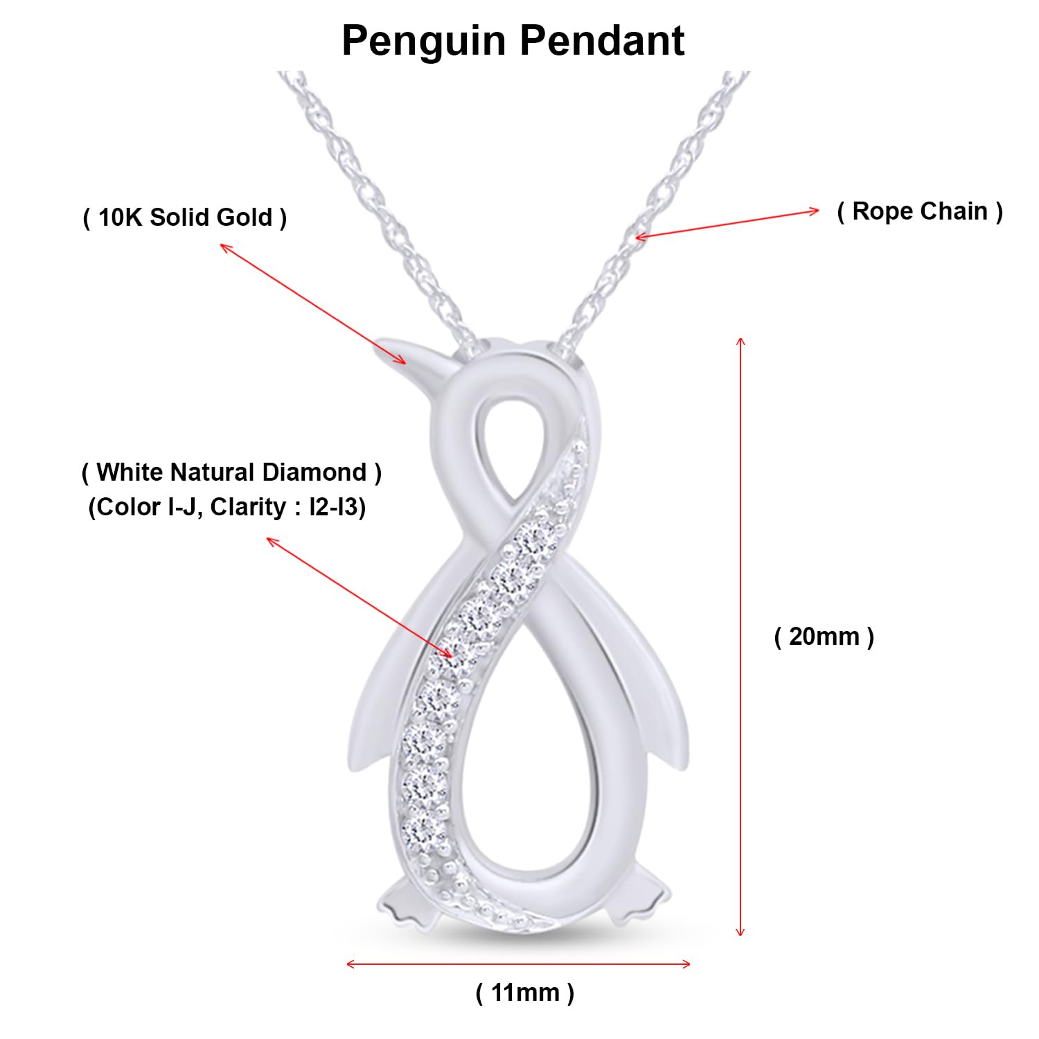 THE JEWEL ZONE 1/10 Carat White Natural Diamond Penguin Infinity Penadnt Necklace 10k Solid White Gold (0.10 Cttw)