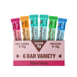 munk pack chewy almond bar, variety pack - 1g sugar, 4-5g protein, low carb & keto - gluten free, grain free, plant based, zero added sugar - breakfast & snack bars, 6 bars