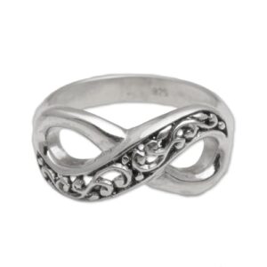 novica artisan handmade sterling silver band ring crafted infinity symbol from bali no stone indonesia [ring front 0.4 in h x 0.8 in w x 0.1 in d band width 3 mm w] ' tangled vine'