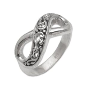 NOVICA Artisan Handmade Sterling Silver Band Ring Crafted Infinity Symbol from Bali No Stone Indonesia [ring Front 0.4 in H x 0.8 in W x 0.1 in D Band Width 3 mm W] ' Tangled Vine'