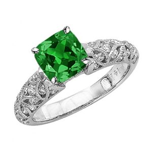 1.23 carat t.w 14k white gold vintage style channel set filigree diamond engagement ring w/a 0.75 carat cushion cut green emerald heirloom quality