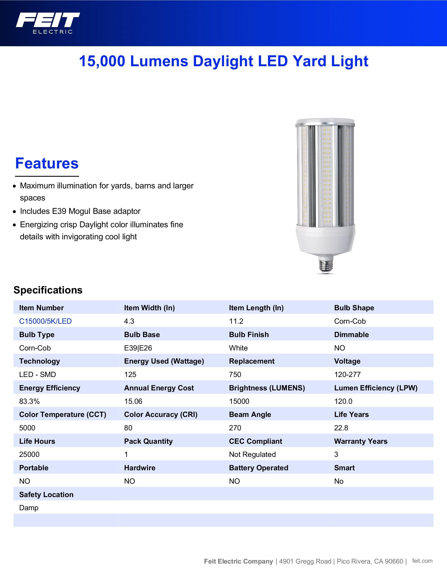 Feit Electric C15000/5K/LED 750 Watt-Equivalent 125W Non-Dimmable High Bright 15000 Lumen Corn Cob LED Yard Light Bulb, 11.1" H x 5.75" D, 5000K Daylight