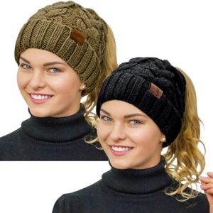 Rosoz Ponytail Beanie for Women,Winter Warm Beanie Tail Soft Stretch Cable Knit Messy High Bun Hat