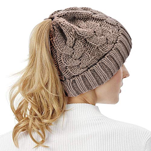 Rosoz Ponytail Beanie for Women,Winter Warm Beanie Tail Soft Stretch Cable Knit Messy High Bun Hat