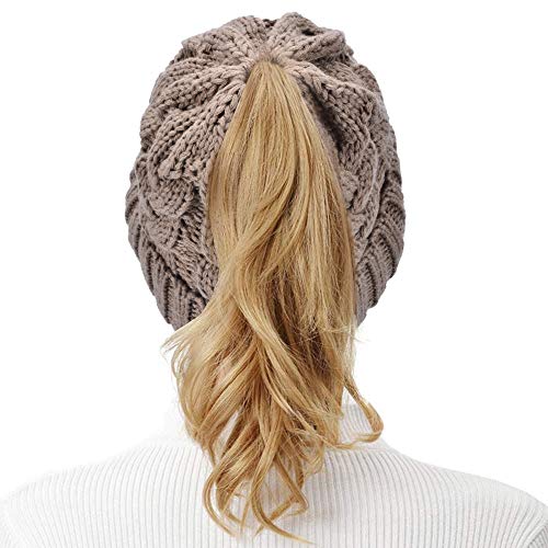 Rosoz Ponytail Beanie for Women,Winter Warm Beanie Tail Soft Stretch Cable Knit Messy High Bun Hat