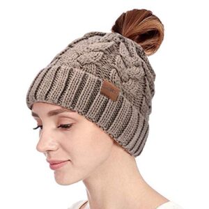 Rosoz Ponytail Beanie for Women,Winter Warm Beanie Tail Soft Stretch Cable Knit Messy High Bun Hat