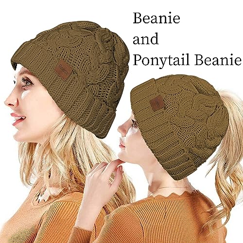 Rosoz Ponytail Beanie for Women,Winter Warm Beanie Tail Soft Stretch Cable Knit Messy High Bun Hat